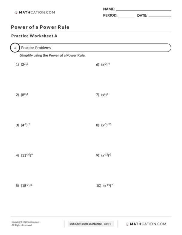 Power Of A Power Worksheet, Rules, And Definition
