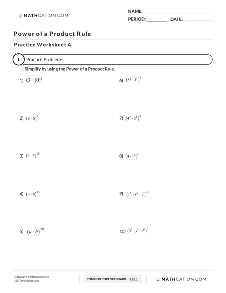 Power Of A Product Rule, Worksheet, And Examples