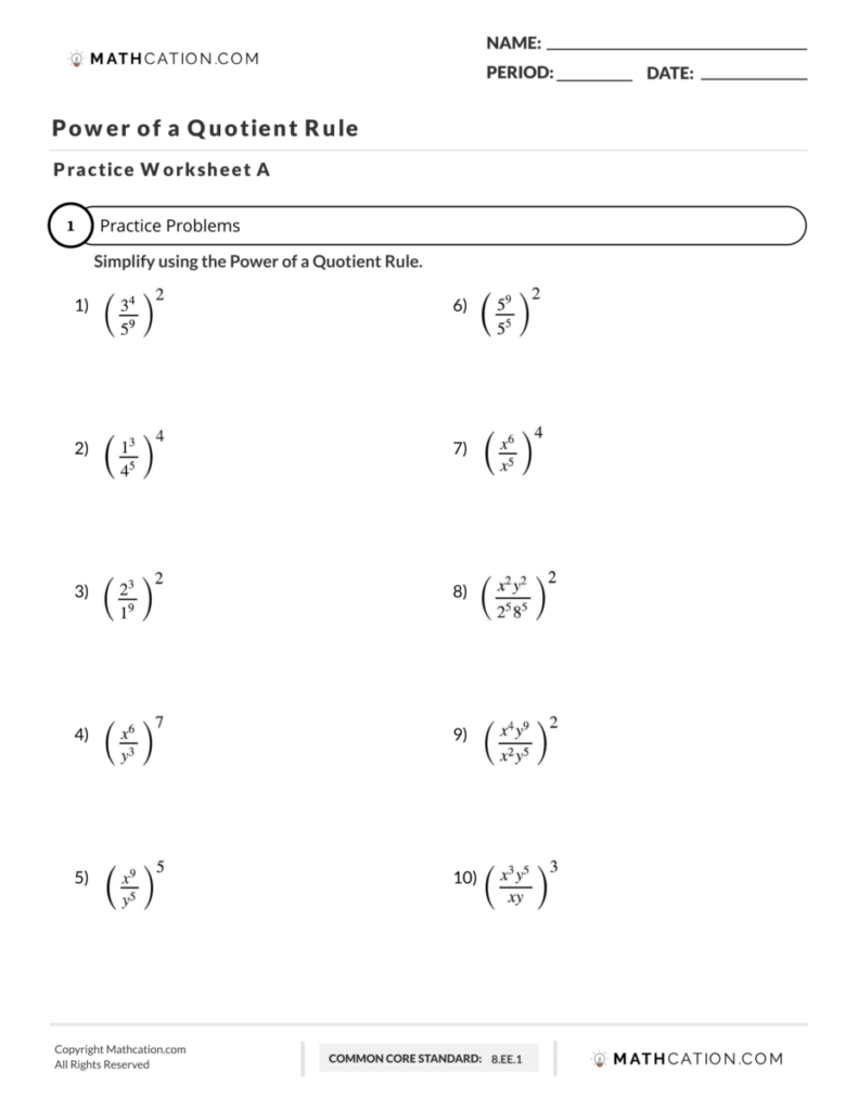 Power Of A Quotient Rule Examples, Worksheet, And Definition