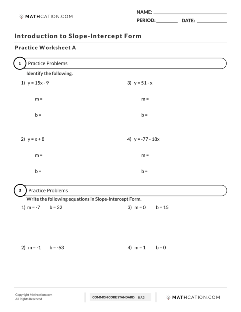 Slope Intercept Form Worksheet, Examples, And Equation