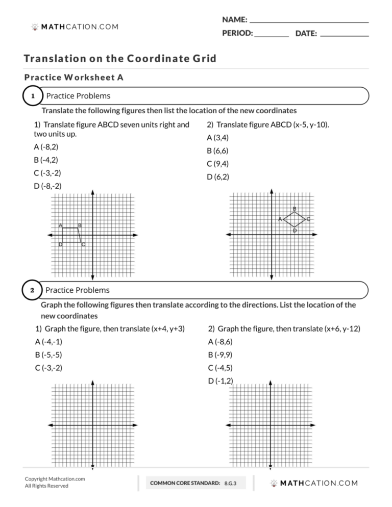 Translation In Math Worksheets, Definition, And Examples