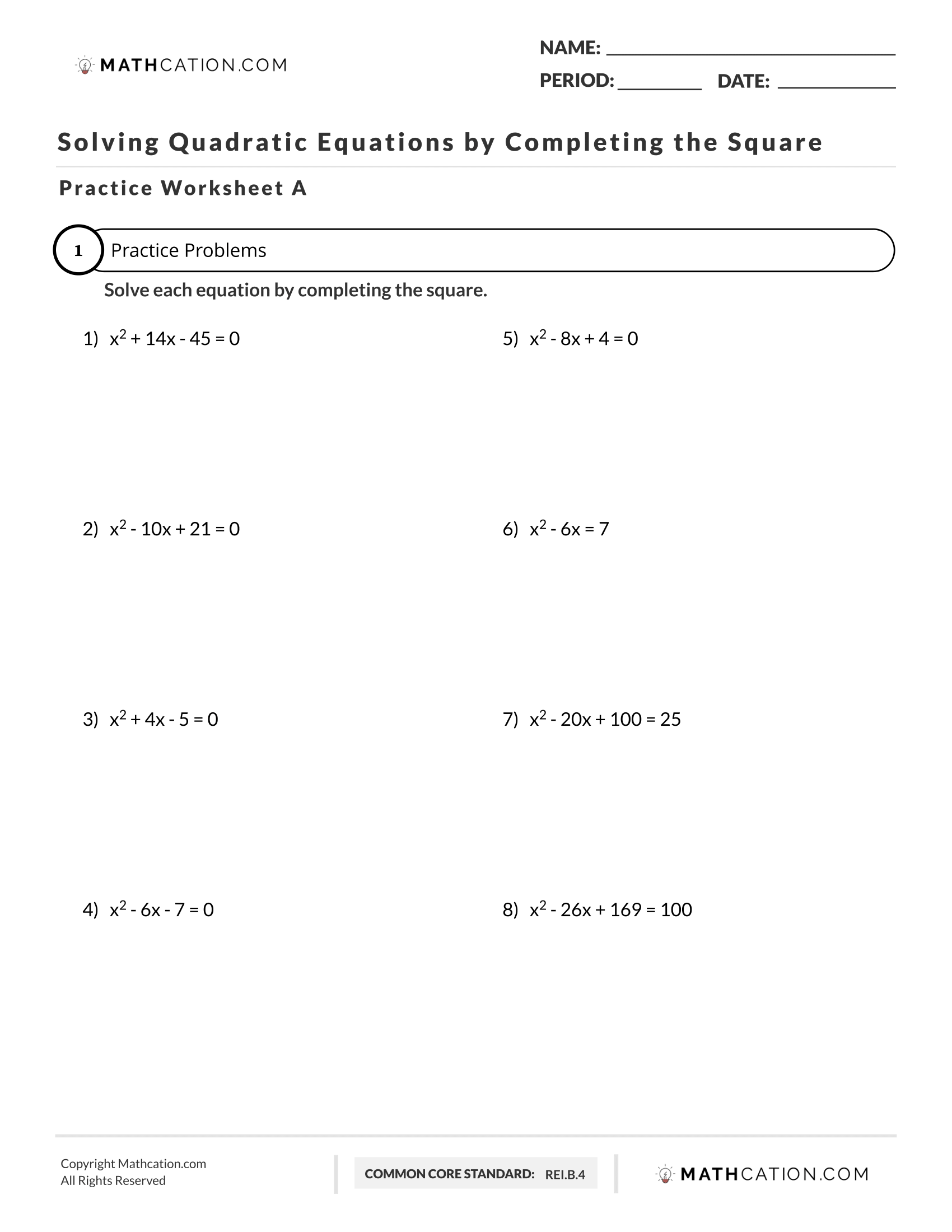 Completing The Square Practice Worksheet