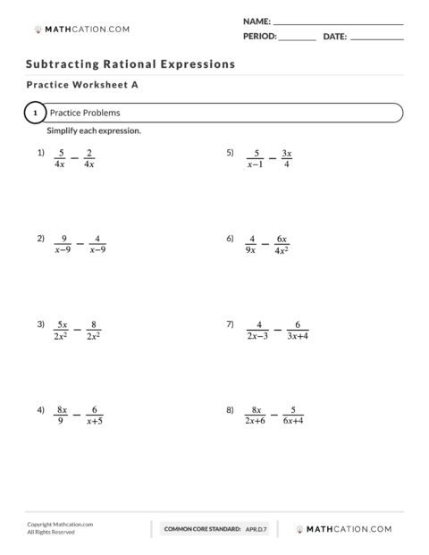 Subtracting Rational Expressions Worksheet, Examples, And Practice